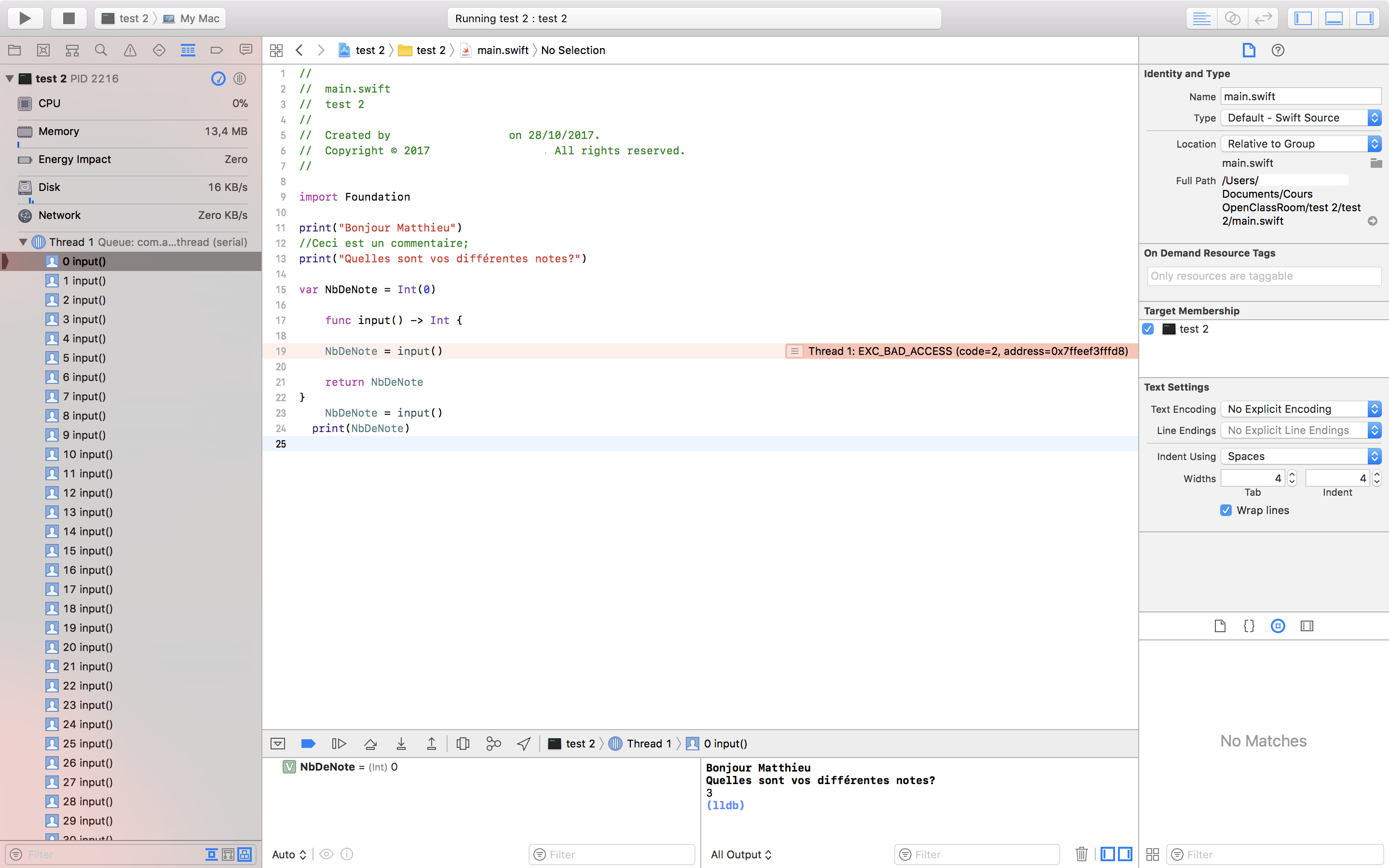 Problème programmation Swift avec Xcode - erreur "Thread 1: EXC_BAD_ACCESS (code=2, address ...